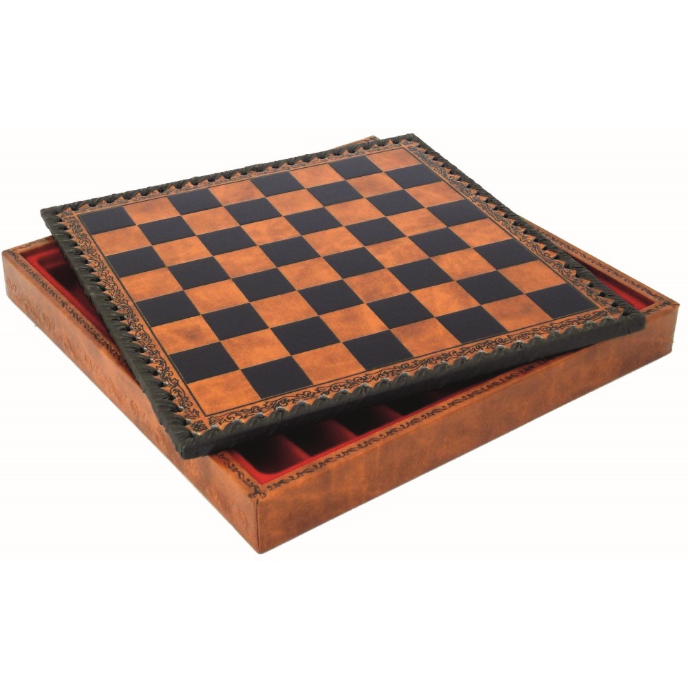 14" Italian Brown and Black Leatherette Storage Chess Board with 1 3/8 ...