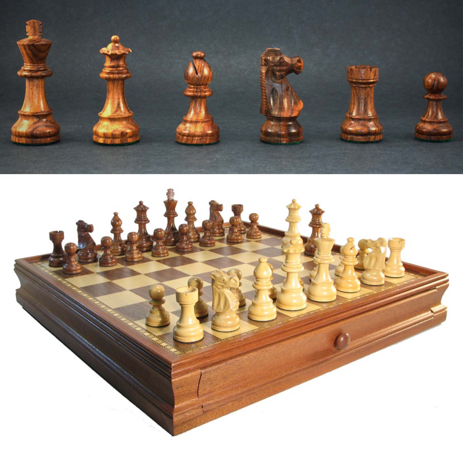 15" MoW Honey Rosewood German Staunton Chess Set with Storage Drawer ...