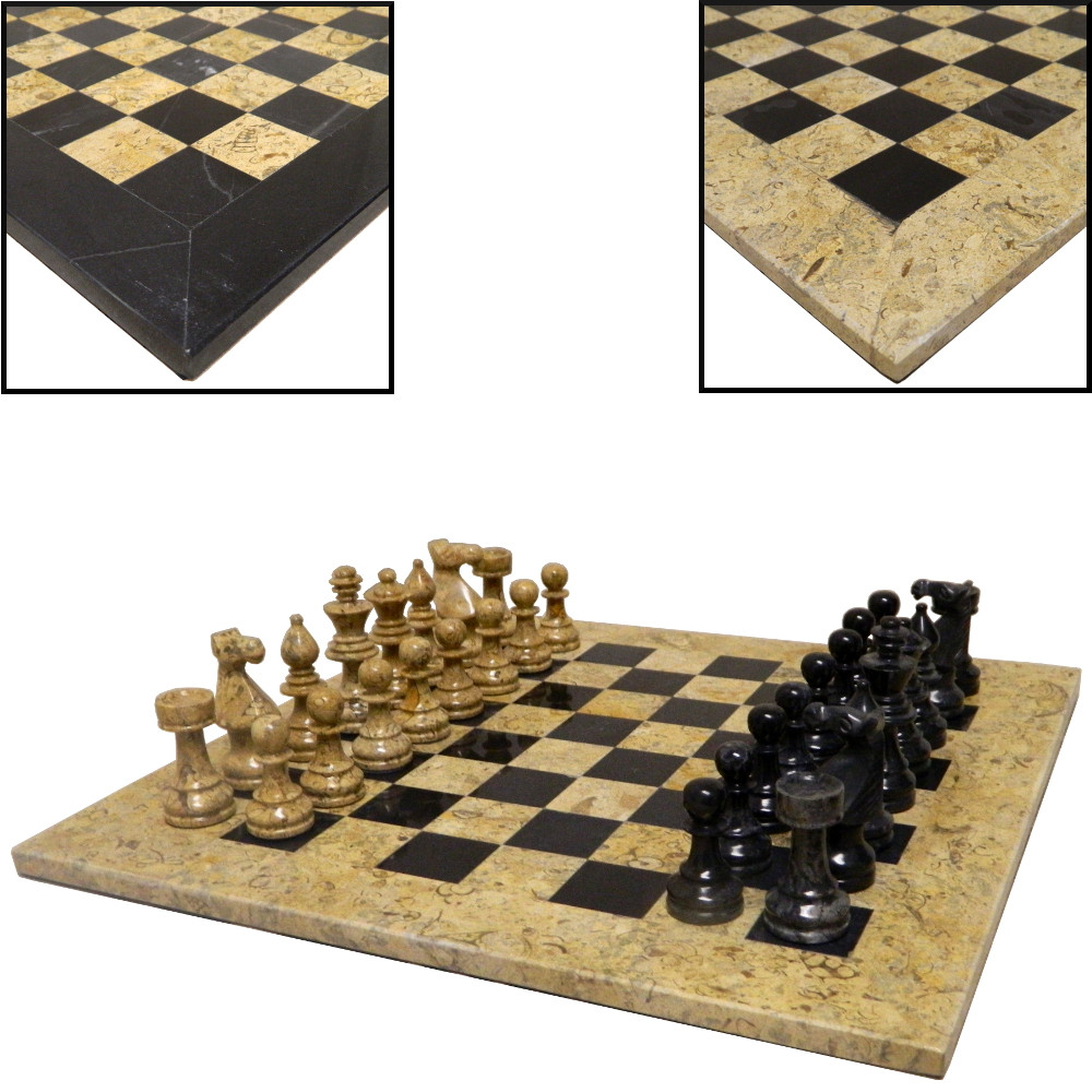 16" Black and Coral European Style Marble Chess Set